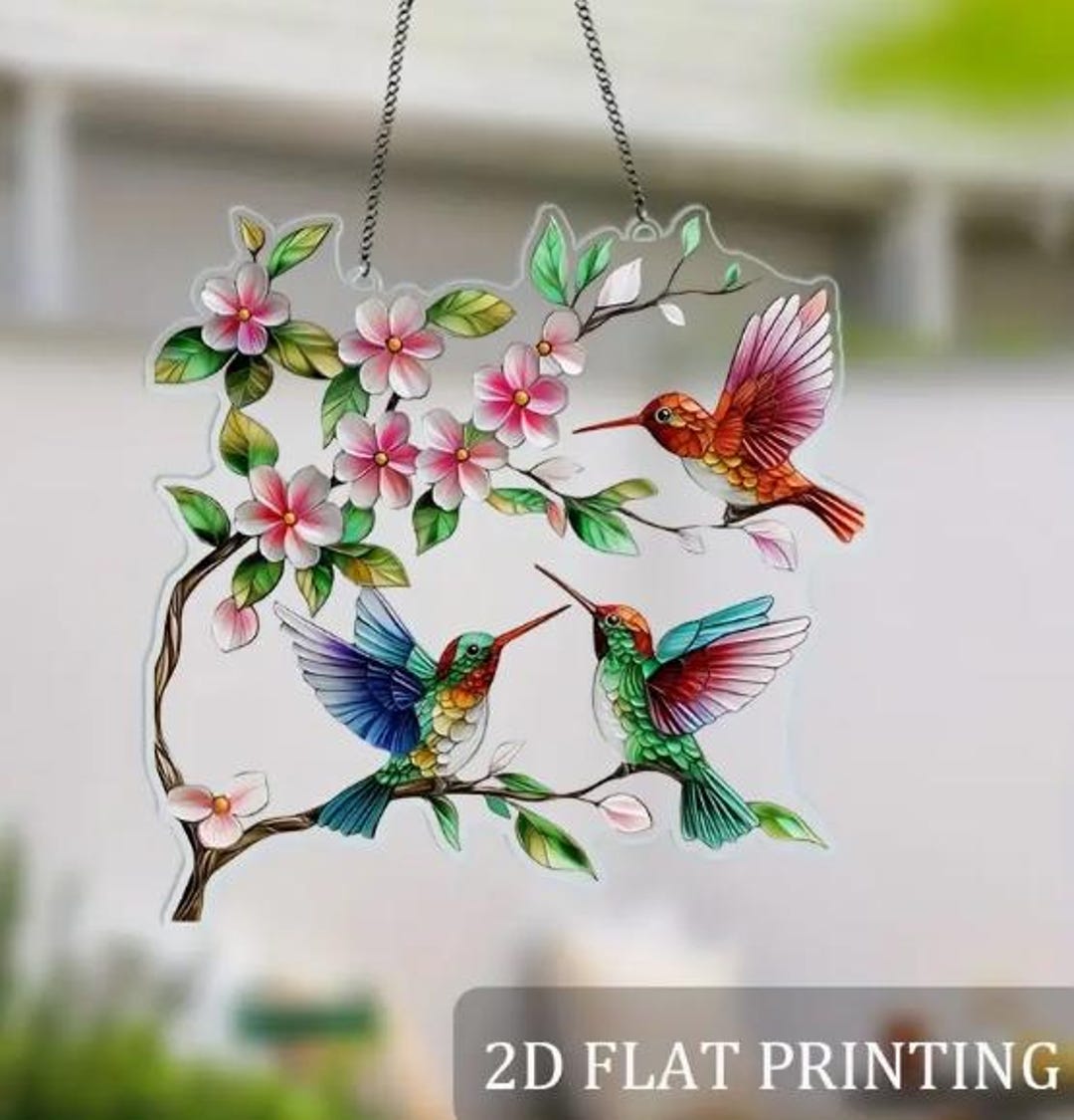 SUNCATCHER- Hummingbirds With Cherry Blossoms Suncatcher, Window ...