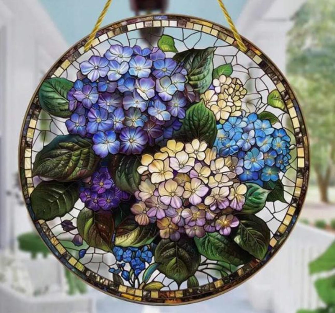 Colorful Hydrangeas Sunburst Suncatcher Window Hanging Decor, 6x6 Inch ...
