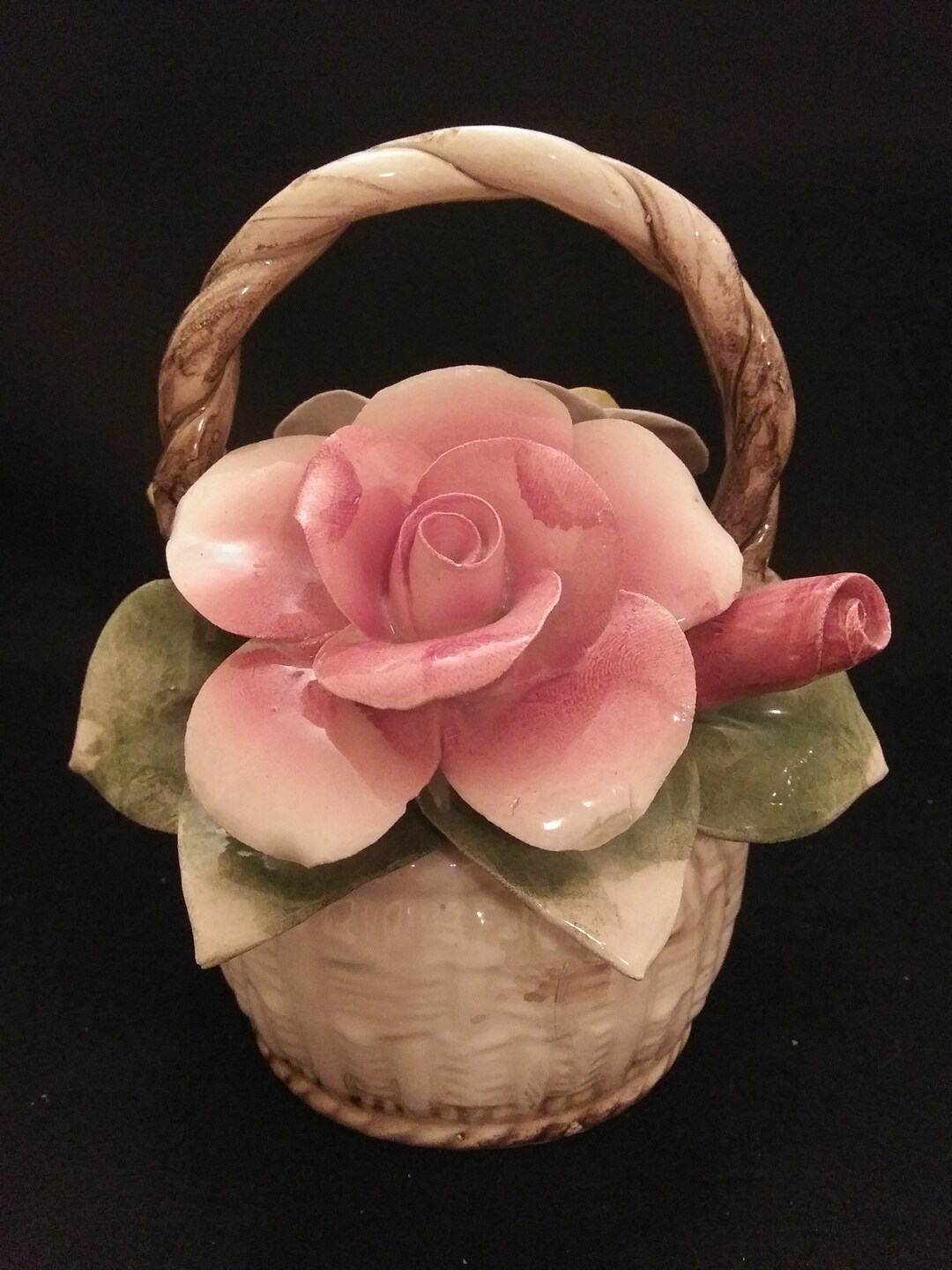Nouva Capodimonte Basket With Pink and Yellow Rose, Italian, Porcelain ...