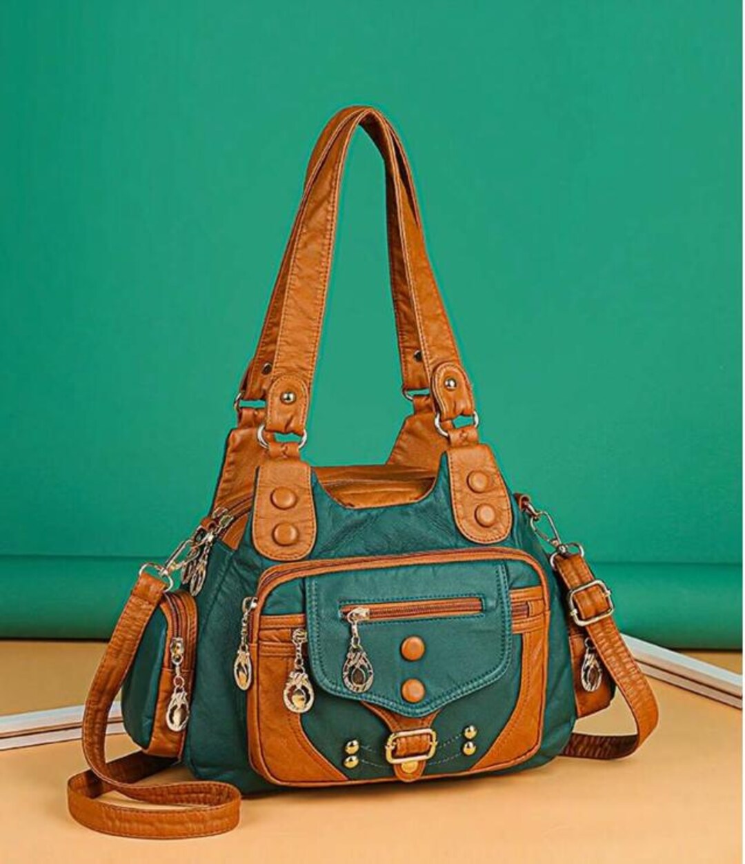 Hobo Bag, Vintage Style Green Hobo Bag Color Block Soft PU Leather ...