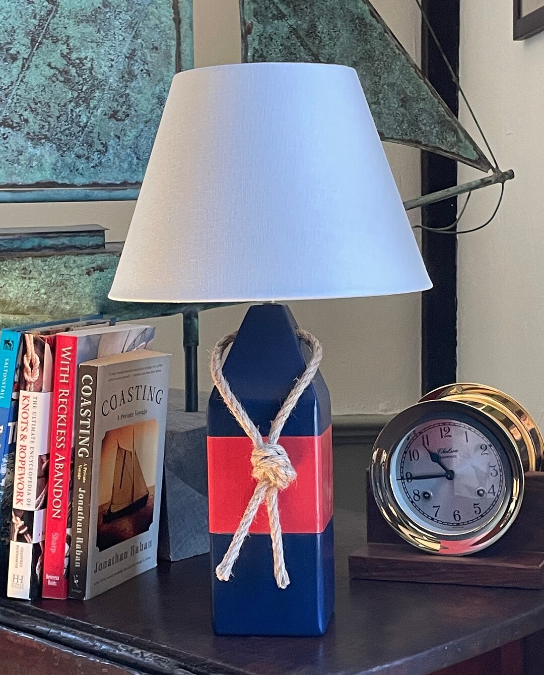 Lobster Buoy Table Lamp: Navy Blue & Red, Coastal Cottage Decor ...