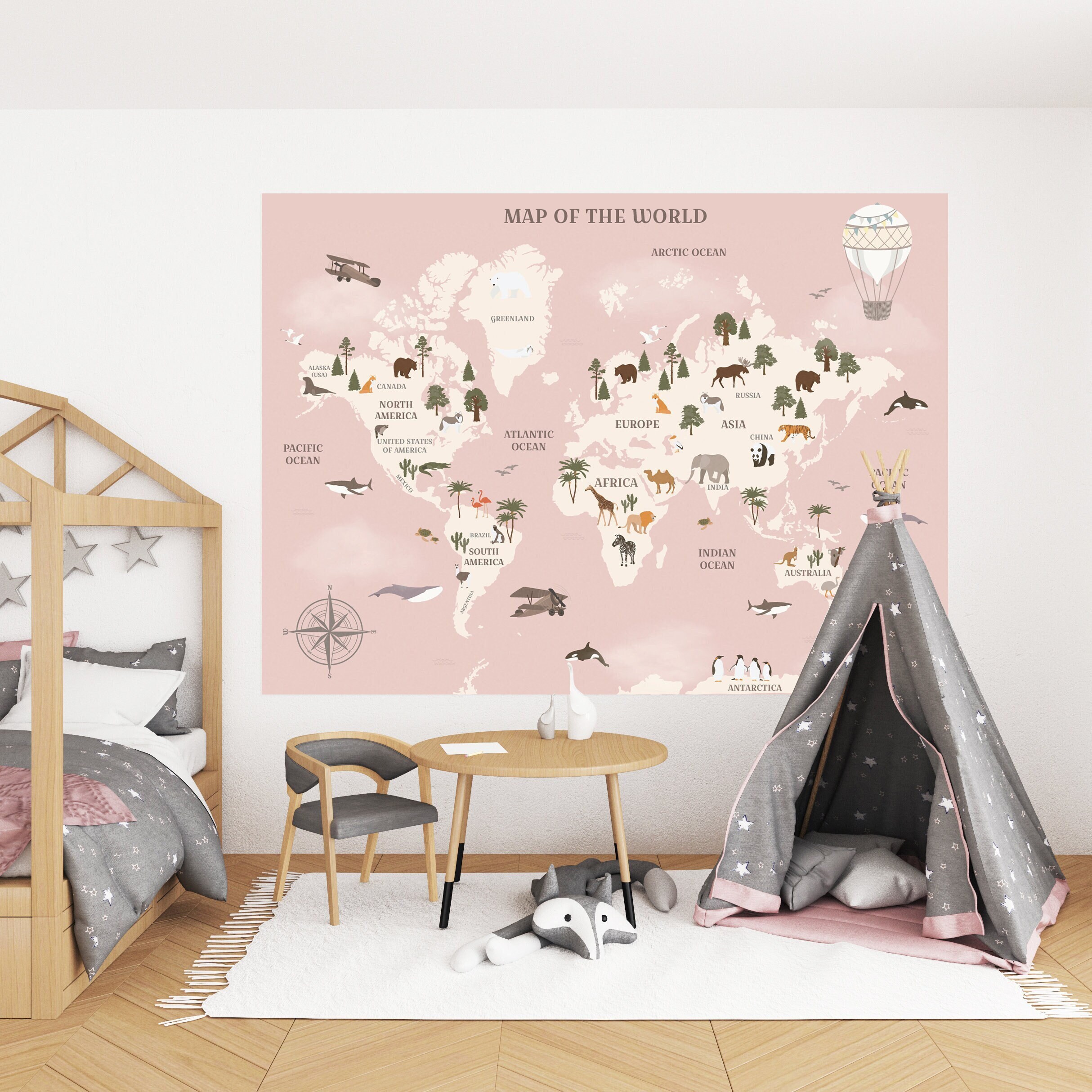 Map of the World Wall Sticker for Kids Pastel Pink Children Kids ...