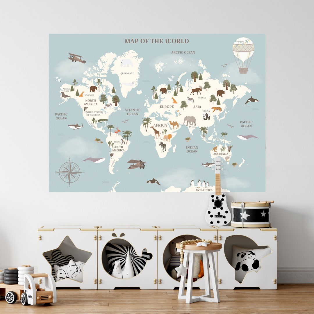 Map of the World Wall Sticker Decal Pastel Blue Children Kids ...