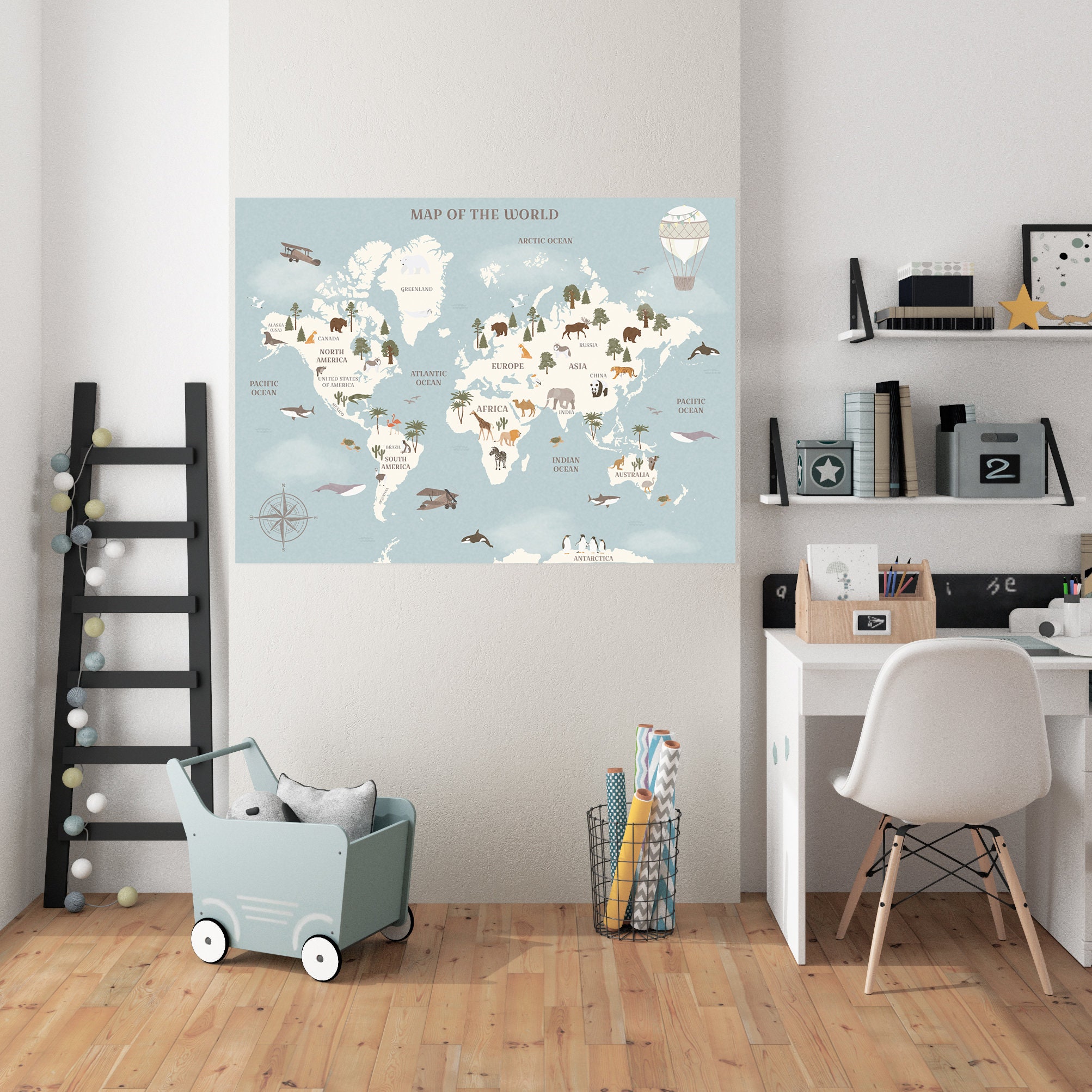 Map of the World Wall Sticker Decal Pastel Blue Children Kids ...