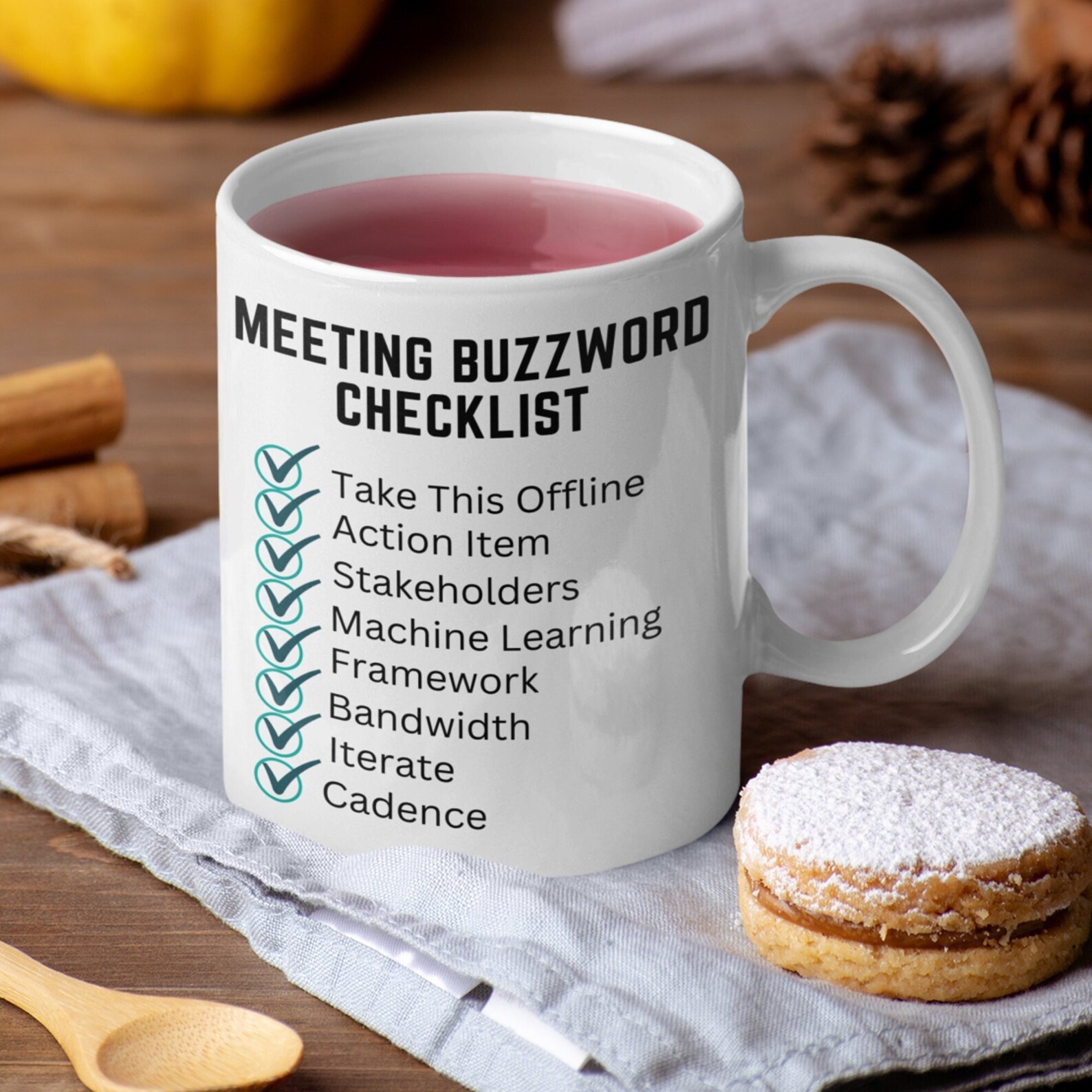 Meeting Buzzword Checklist Funny White Glossy Mug Perfect Holiday Gift ...