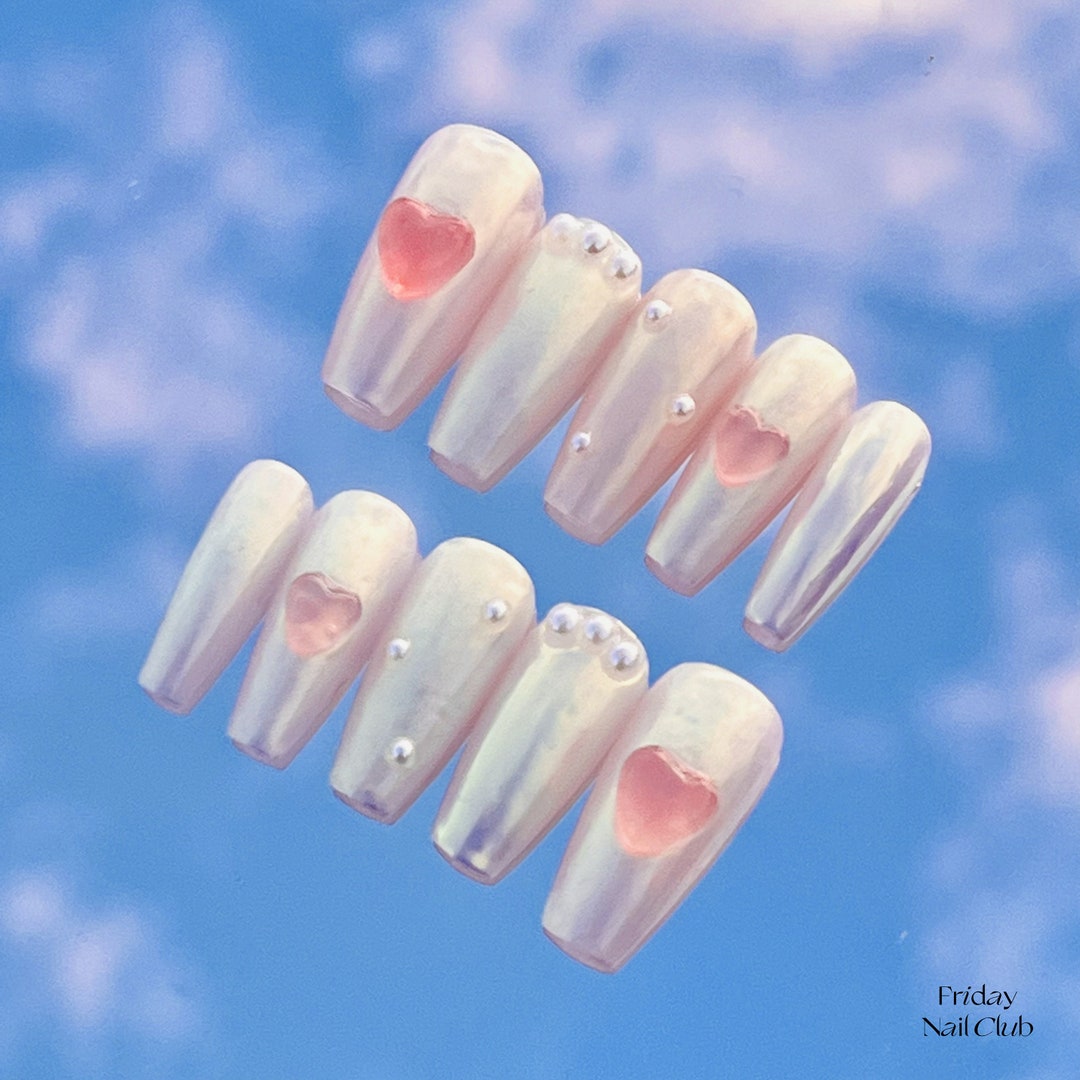 Moonlight Iridescent Pink Pearl Press on Nail Coquette Aesthetics Fairy ...