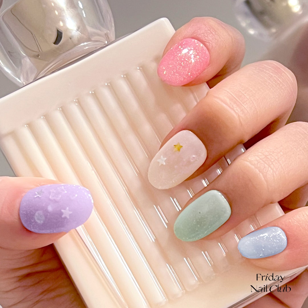 Glitter Jelly Bean Press on Nails Pastel Jelly Nails Cute Spring Nails ...