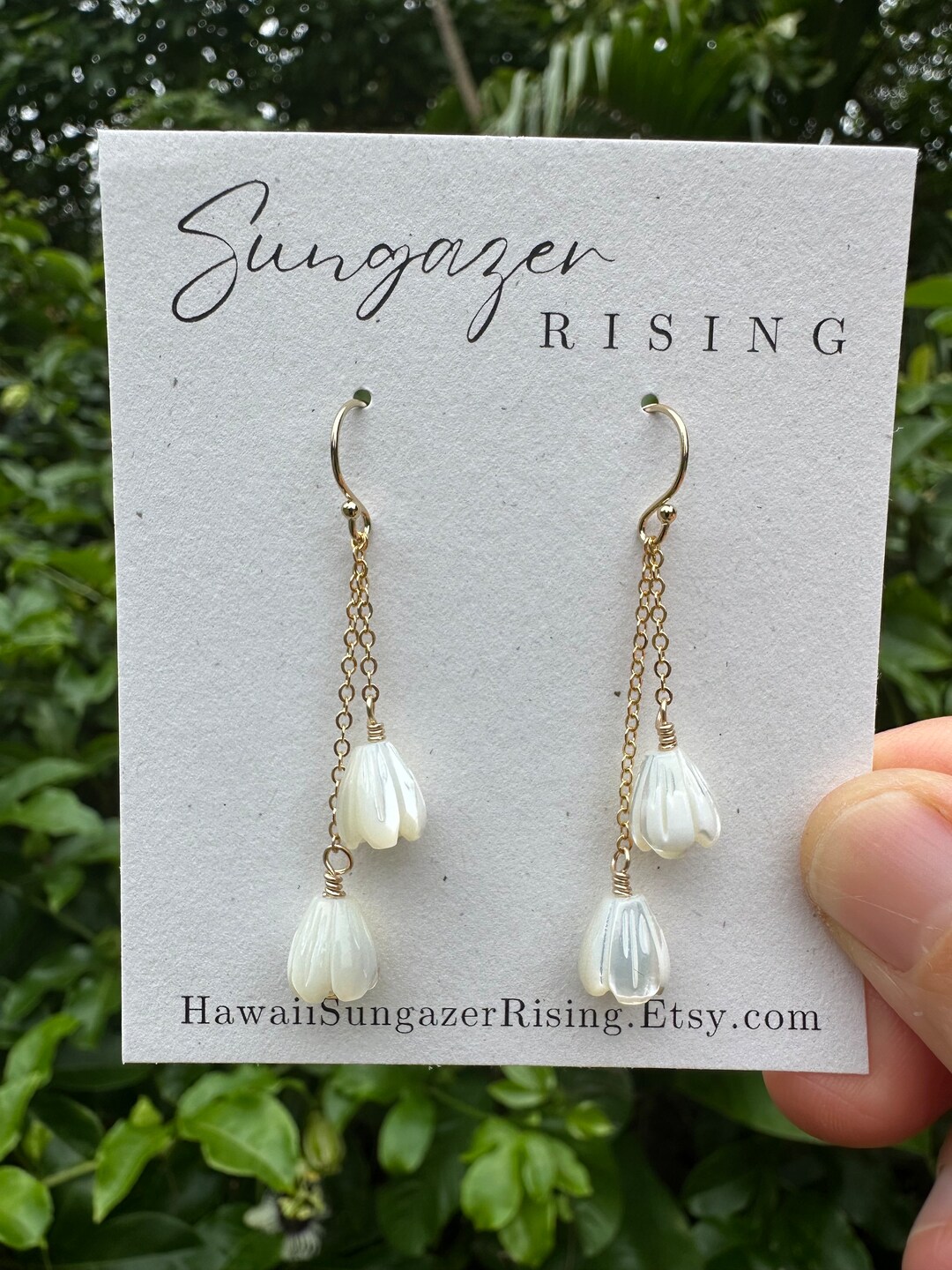 Double Pikake Dangle Earrings, Gold Filled Chains, Mother of Pearl ...