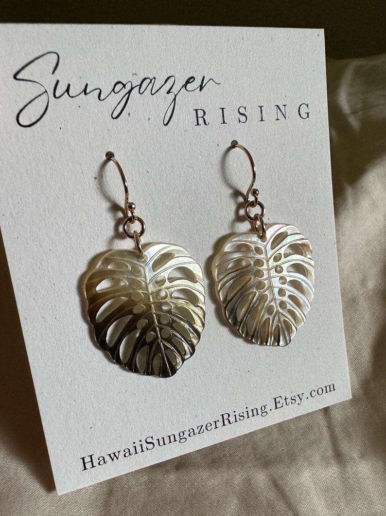 Black Lip Tahitian Oyster Shell Monstera Earrings, Carved Mother of ...