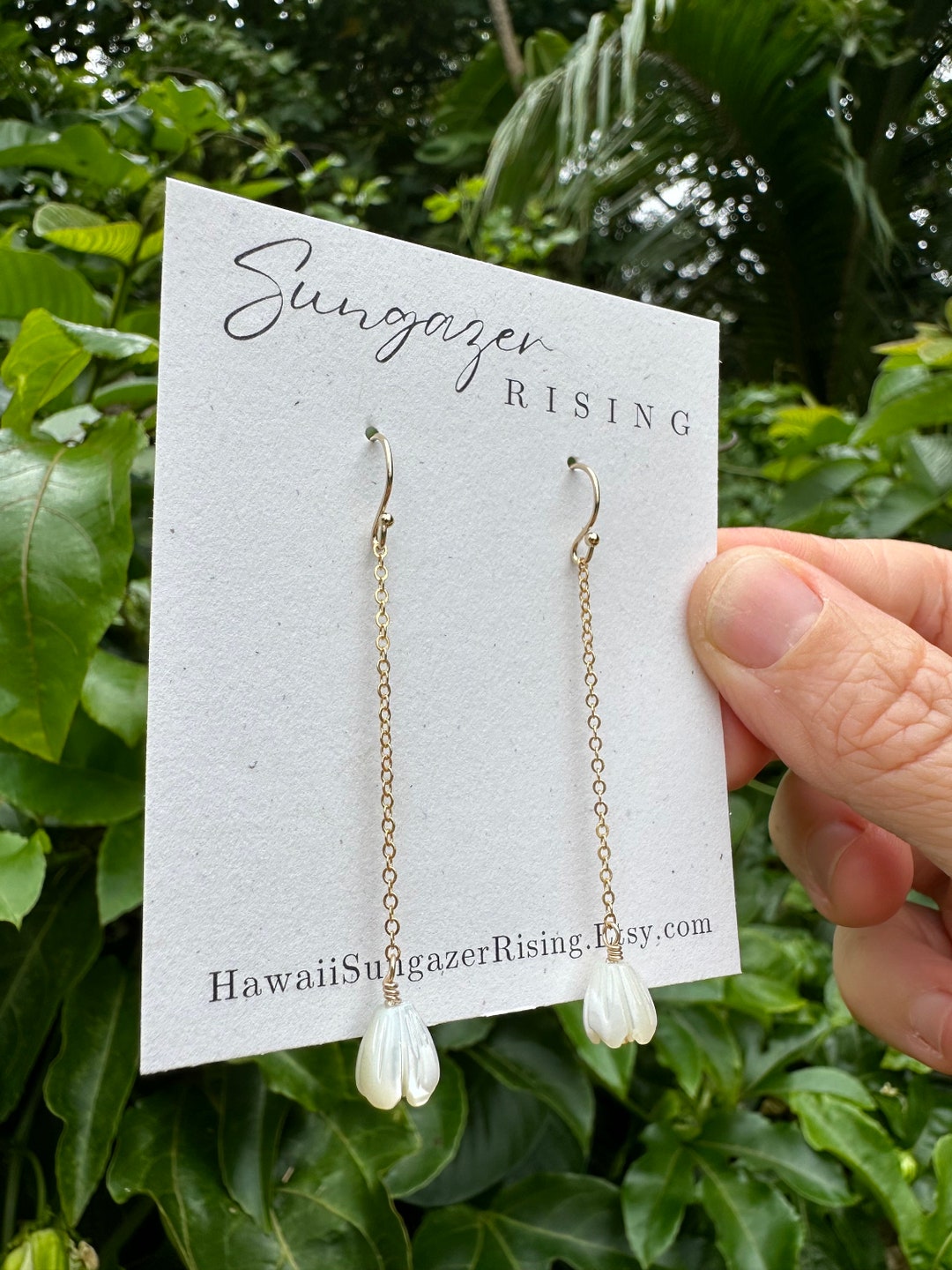 Pikake Dangle Earrings, Gold Filled Chain, Mother of Pearl, Handmade ...