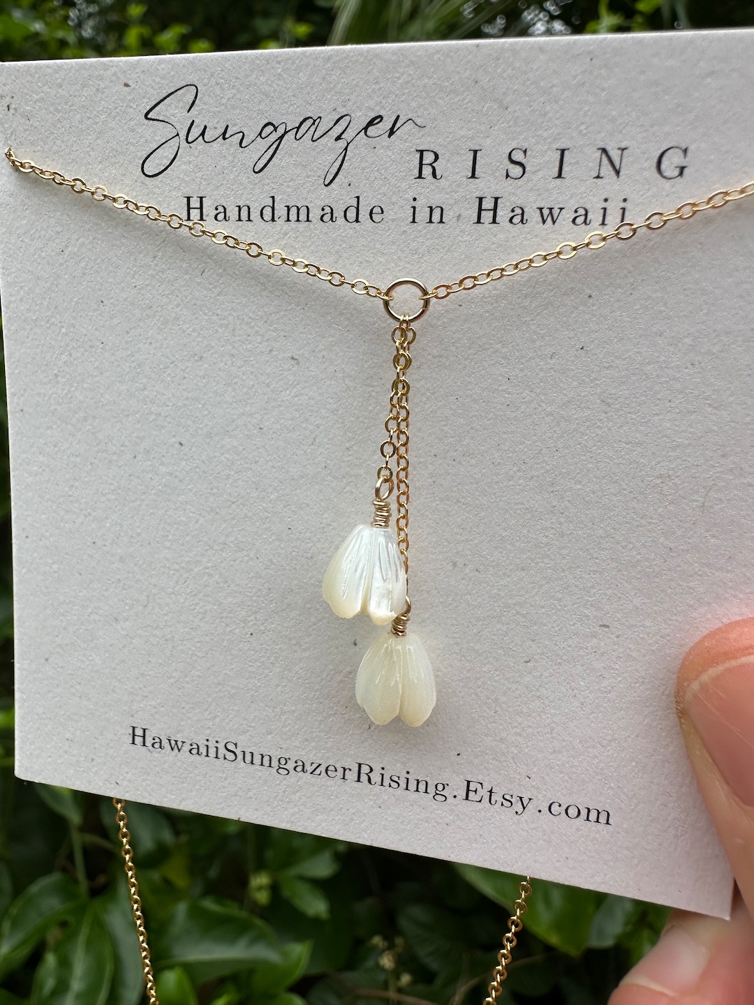 Gold-filled Lariat Double Pikake Necklace, Mother of Pearl, Handmade ...