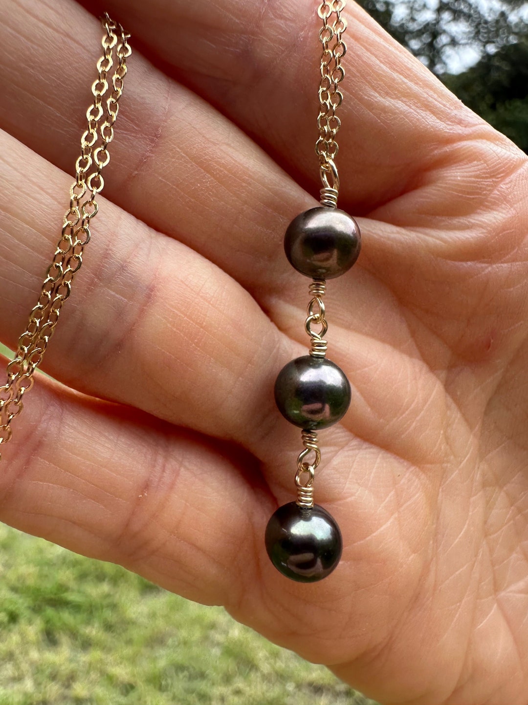 Triple Peacock Pearl Gold Filled Cable Chain Necklace, Handmade in ...