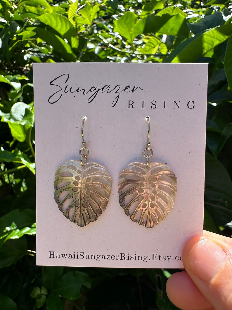 Black Lip Tahitian Oyster Shell Monstera Earrings, Carved Mother of ...