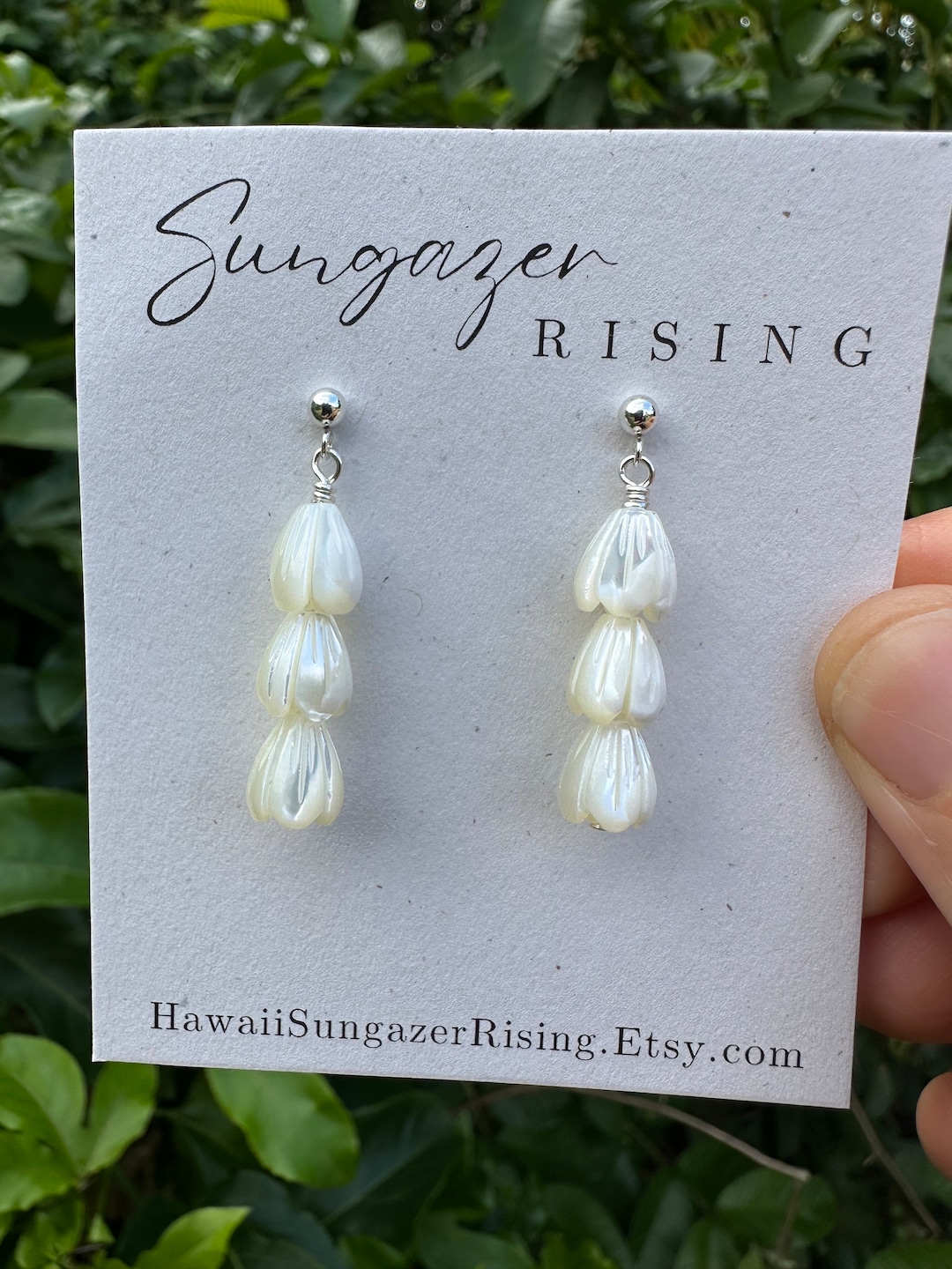 Triple Pikake Earrings, Studs, Mother of Pearl, Stacked, Handmade ...