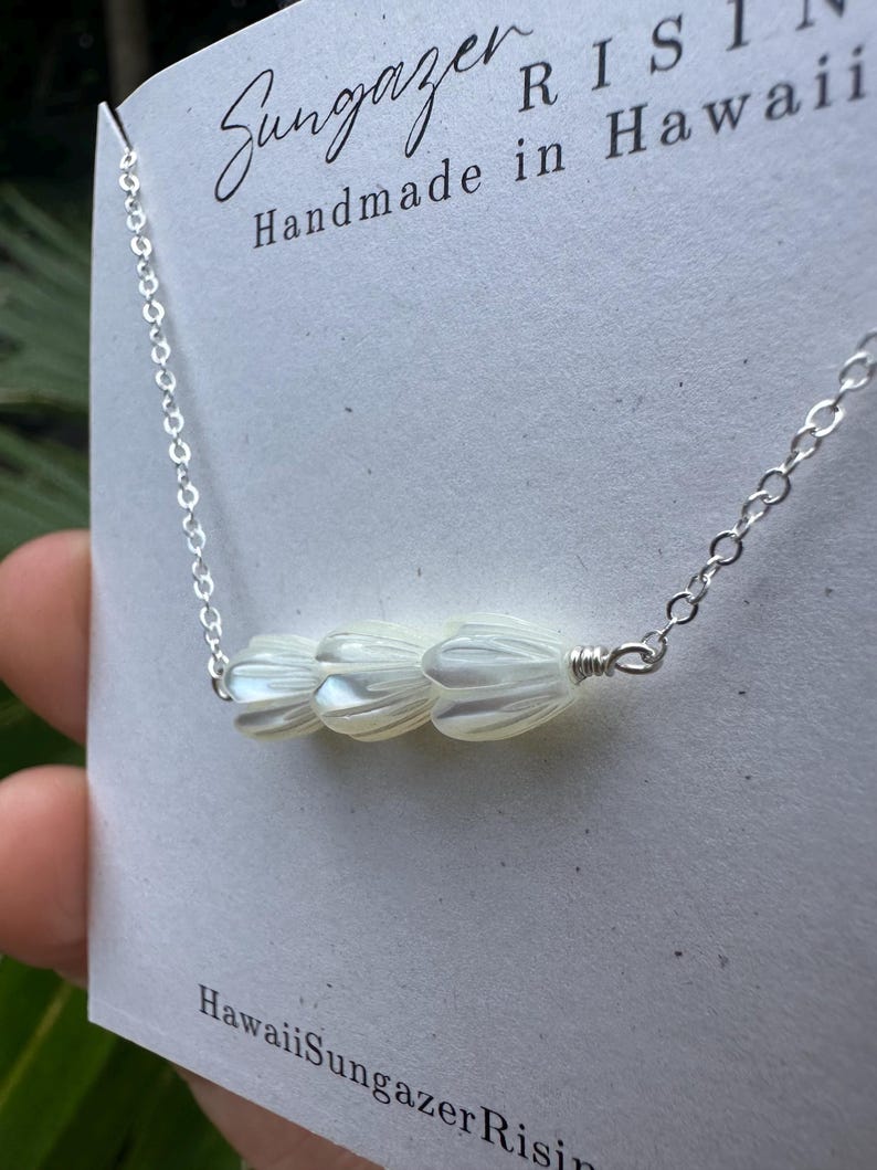Triple Pikake Bar Necklace, Solid 925 Sterling Silver, Mother of Pearl ...