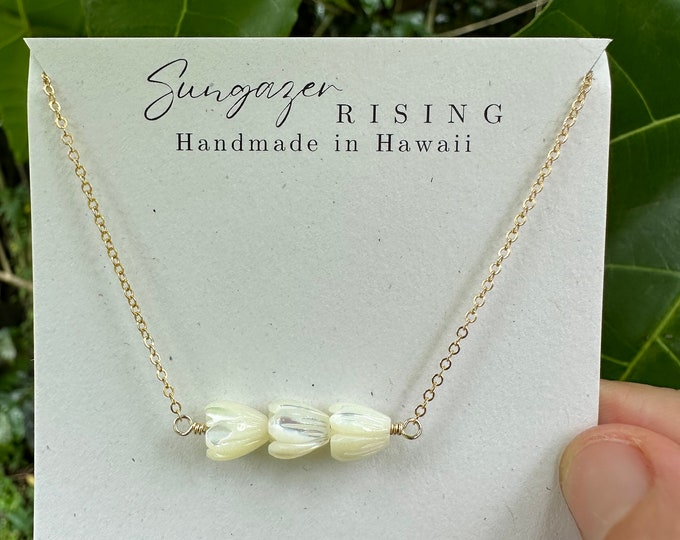 Gold-filled Triple Pikake Necklace, Mother of Pearl, Handmade Jasmine ...