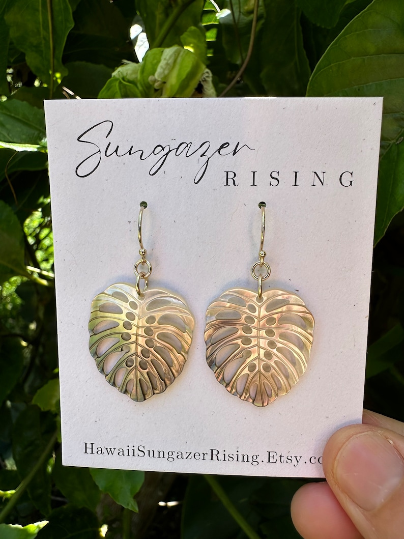 Black Lip Tahitian Oyster Shell Monstera Earrings, Carved Mother of ...