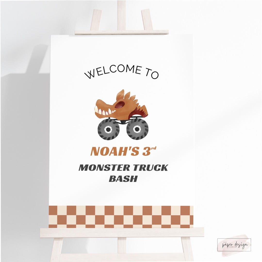 Dinosaur Monster Truck Birthday Welcome Sign Template, 18 X 24 Editable ...