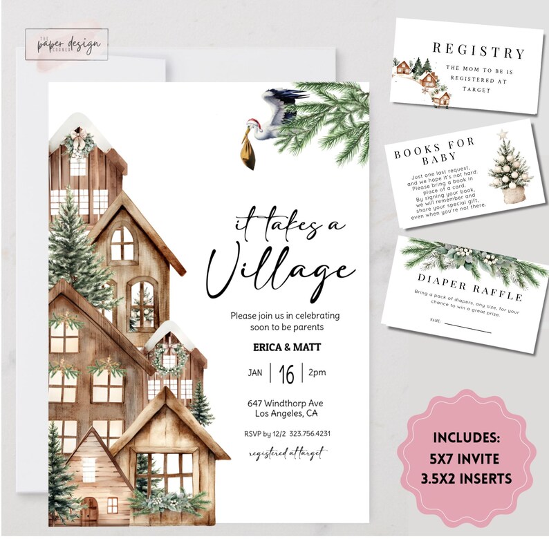 Winter Baby Shower Invite, It Takes a Village Baby Shower, Christmas ...