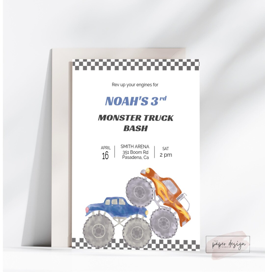 Editable Monster Truck Birthday Invite Template| Editable Printable ...