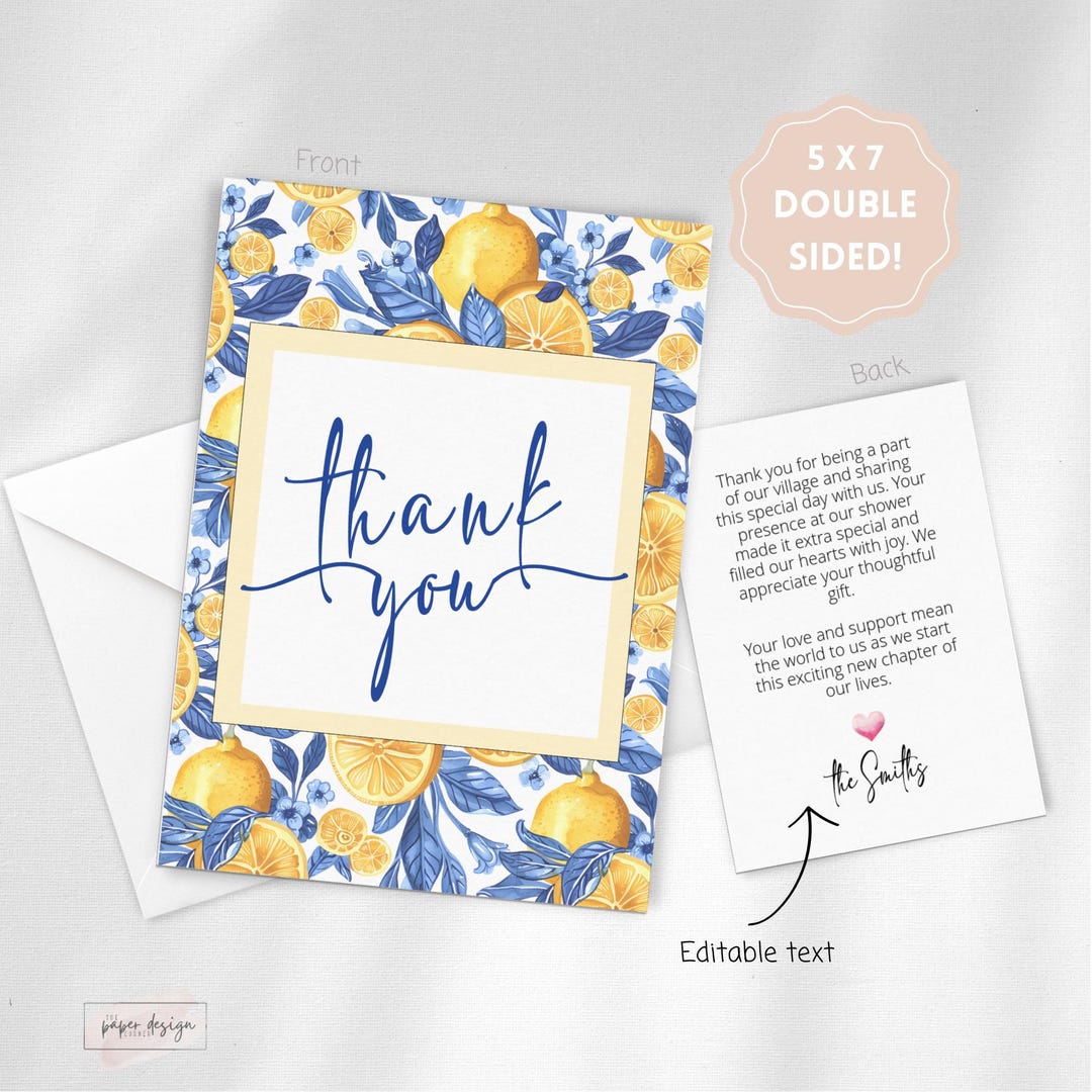 Italian Lemon Thank You Card | Baby Shower Thank You Notes, Citrus ...