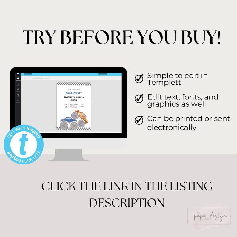 Editable Monster Truck Birthday Invite Template| Editable Printable Invite | Instant Download ...
