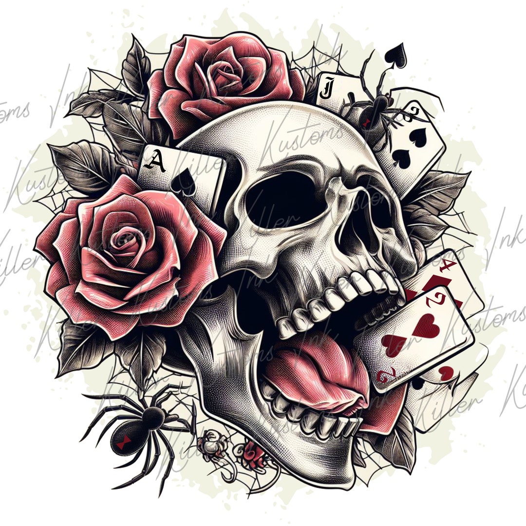 Skull and Playing Cards Digital Design, Spiders and Roses Sublimation ...