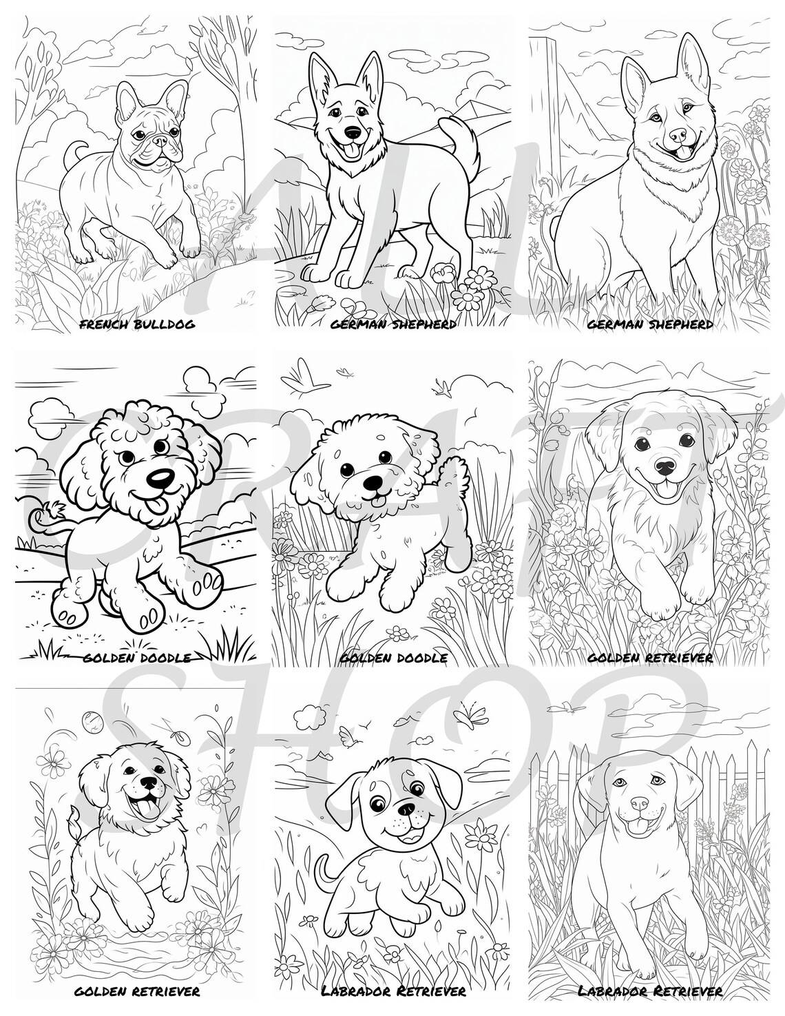 Dog Breed Coloring Book, Kids Instant Download grayscale Coloring Page ...