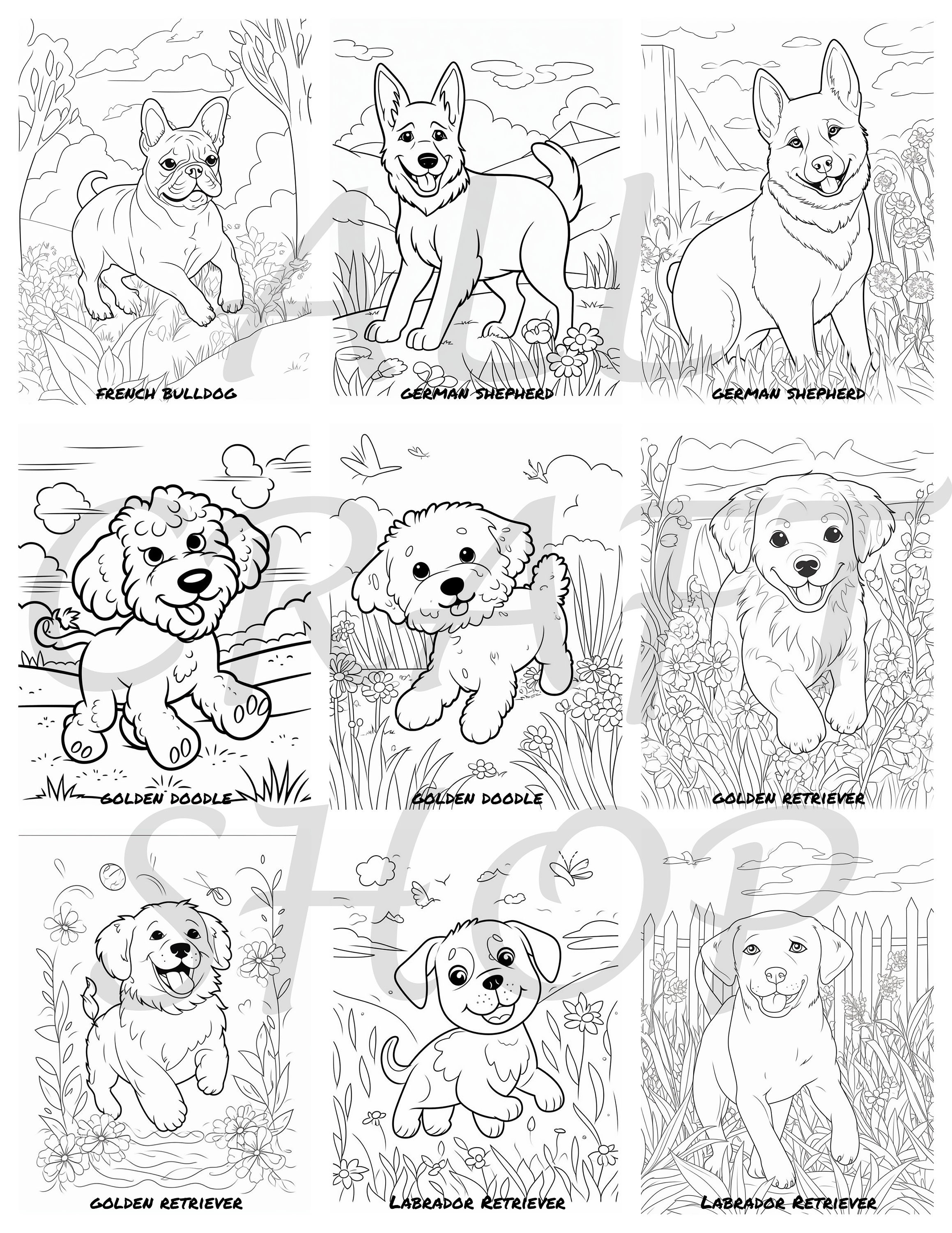 Dog Breed Coloring Book, Kids Instant Download grayscale Coloring Page ...