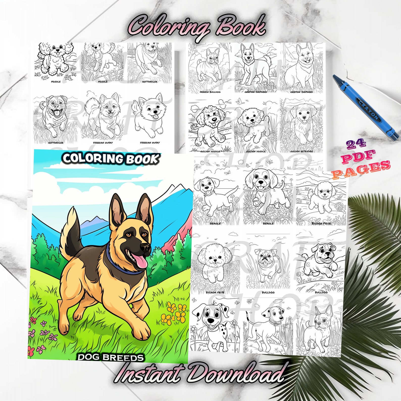 Dog Breed Coloring Book, Kids Instant Download grayscale Coloring Page ...