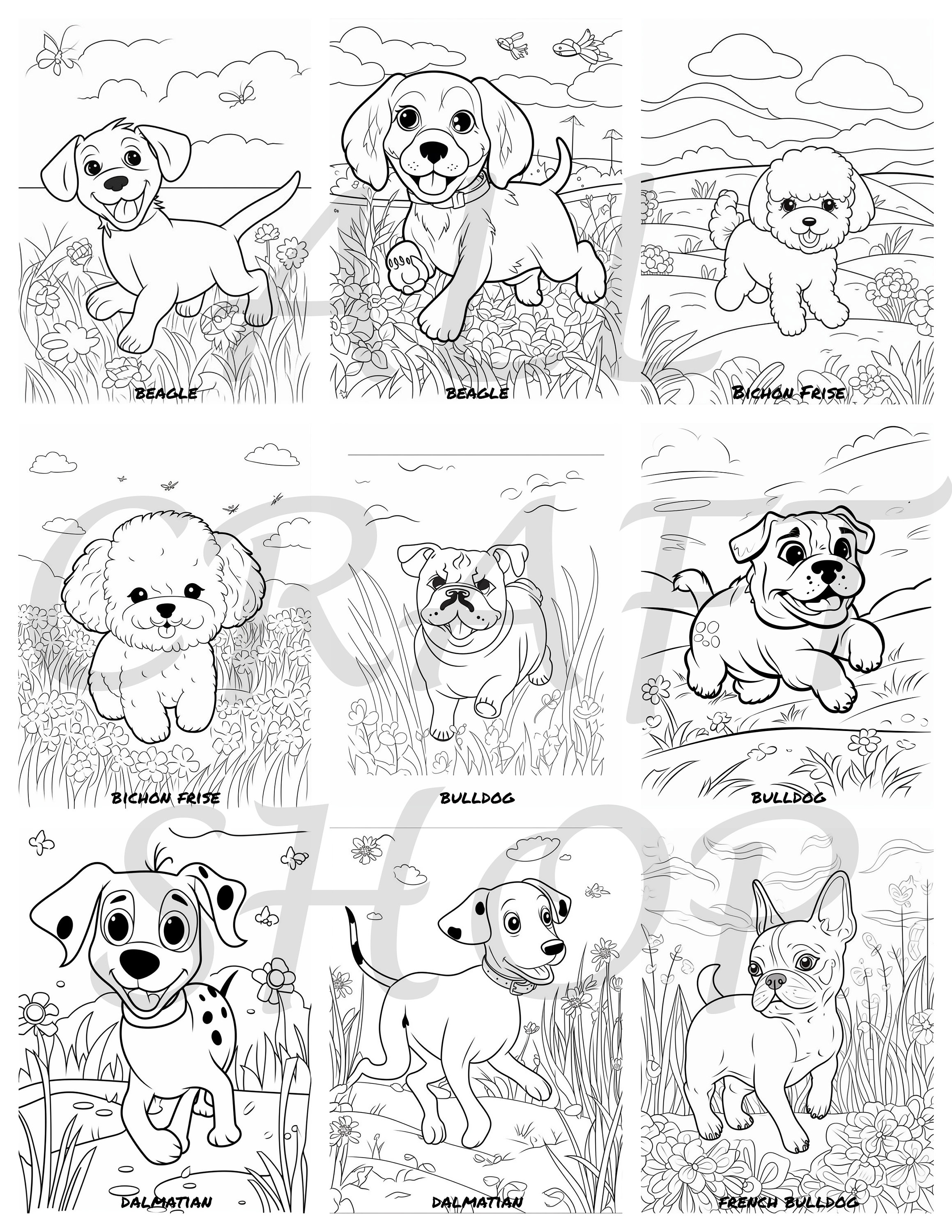 Dog Breed Coloring Book, Kids Instant Download grayscale Coloring Page ...