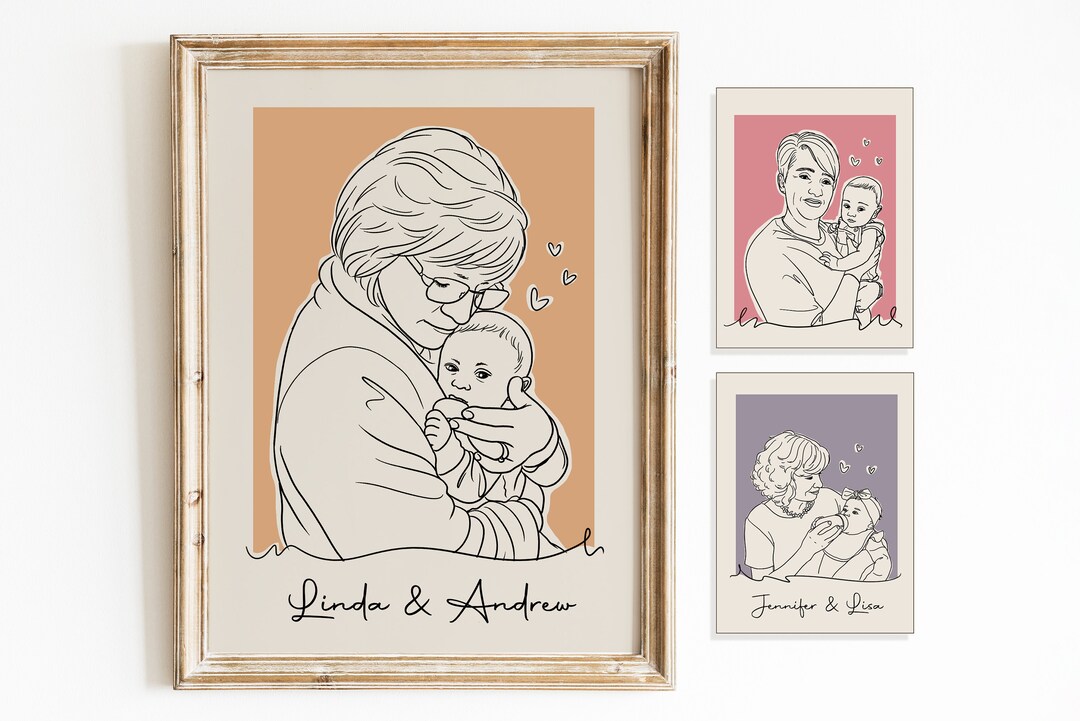 Custom Line Art, Grandma and Kids Line Art, Grandpa Portrait From Photo ...