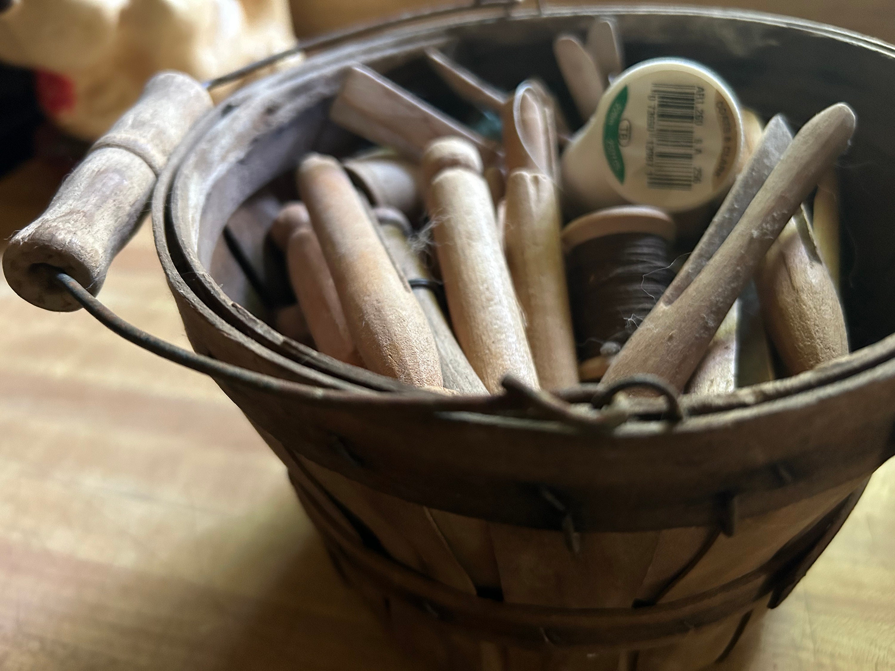 Vintage Bail Handle Stave Splint Berry Basket Antique Barrel Clothespin ...