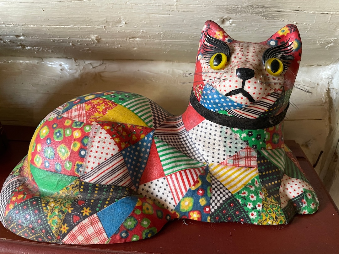 Patchwork Crazy Quilt Cat Figurine MSM Doorstop - Etsy