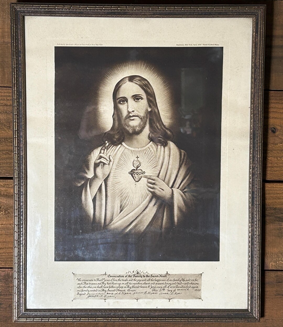 1926 Framed Jesus Sacred Heart Engraving, Patrick Cardinal Hayes - Etsy