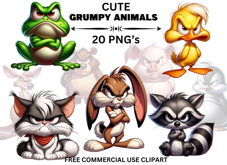 Funny Grumpy Animals Clipart Bundle: Cartoon Pet Prints (PNG) - Etsy