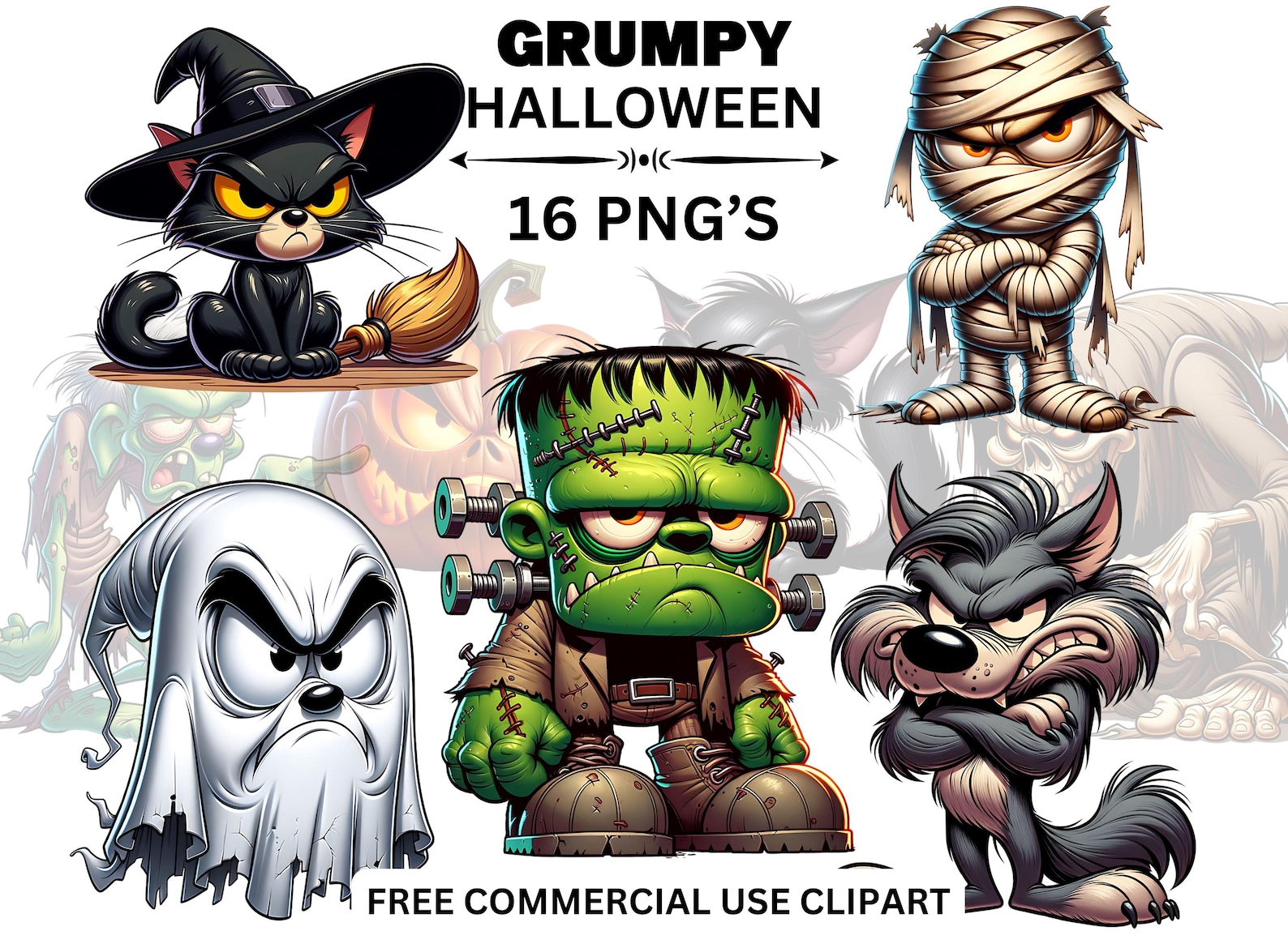 Funny Grumpy Halloween Clipart Bundle, Commercial Use (digital Download ...