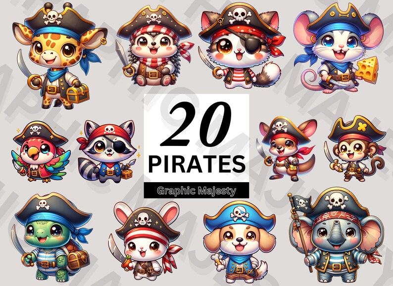 Kawaii Pirate Animal Clipart | 20 PNG Graphics (commercial Use) - Etsy