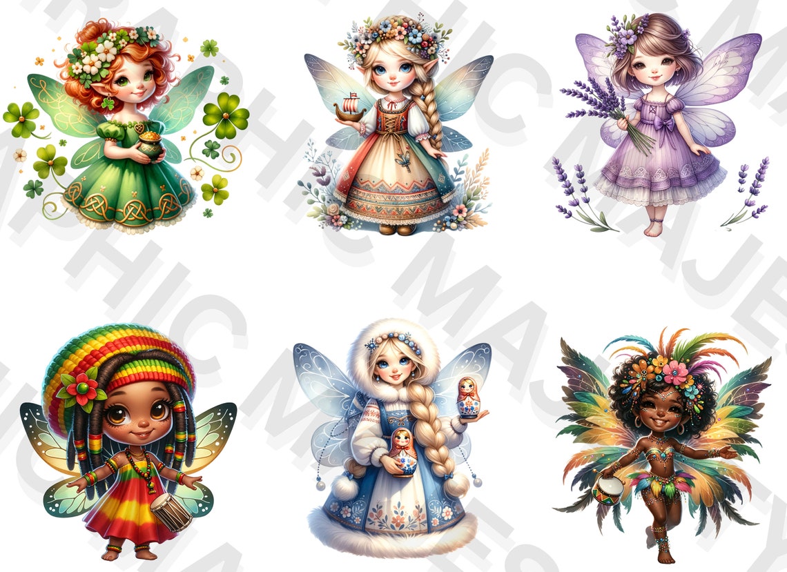 Kawaii Fairy Clipart: Multicultural Fairytale PNG Graphics (commercial ...