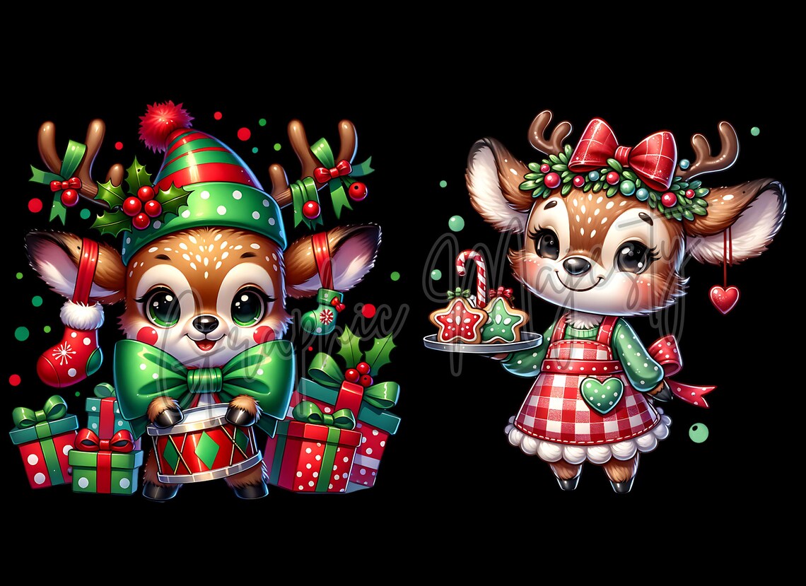 18 Christmas Reindeer Clipart Set, Watercolor PNG Graphics (digital ...