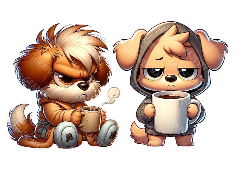 Grumpy Coffee Dog PNG Bundle, Cute Cartoon Pet Puppy PNG Design Files ...