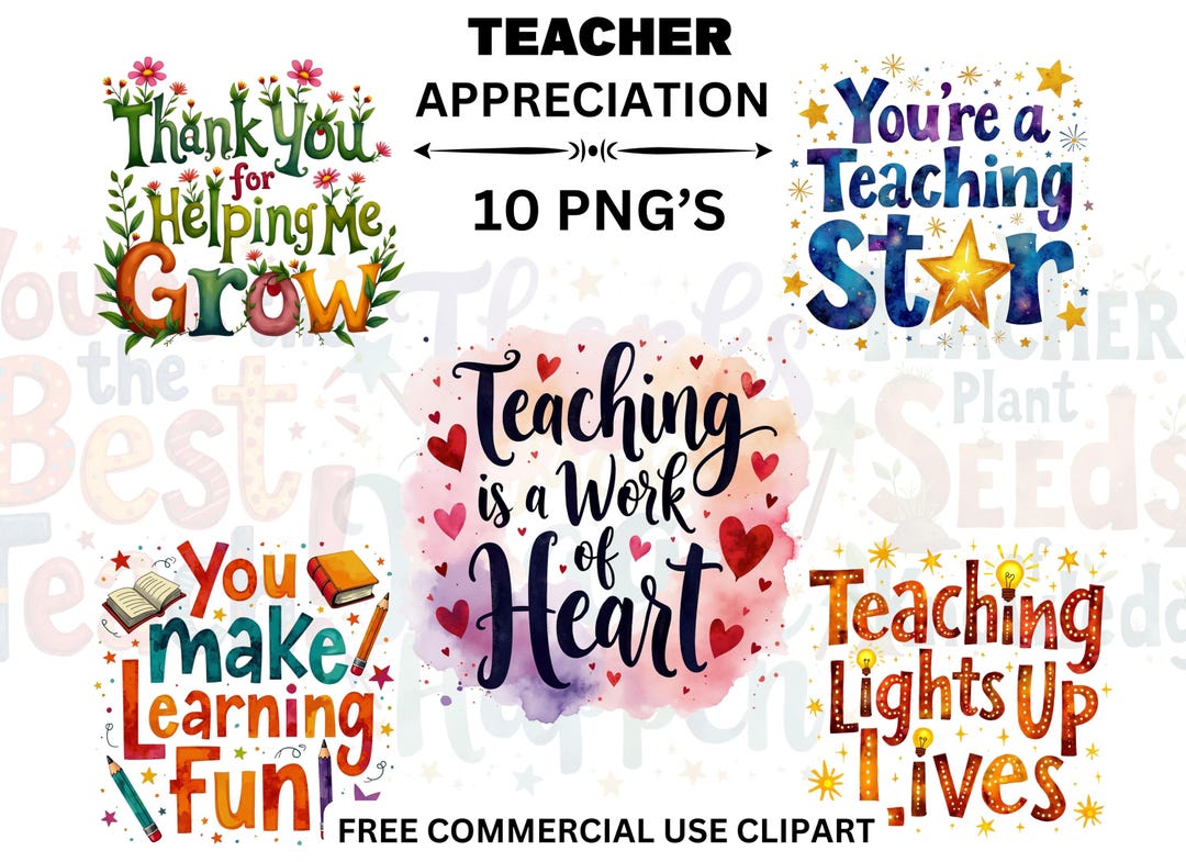 Watercolor Teacher Appreciation Clipart Bundle, 10 PNG Teacher Clipart ...
