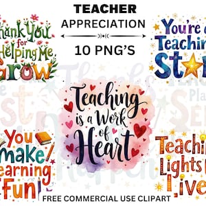 Watercolor Teacher Appreciation Clipart Bundle, 10 PNG Teacher Clipart ...