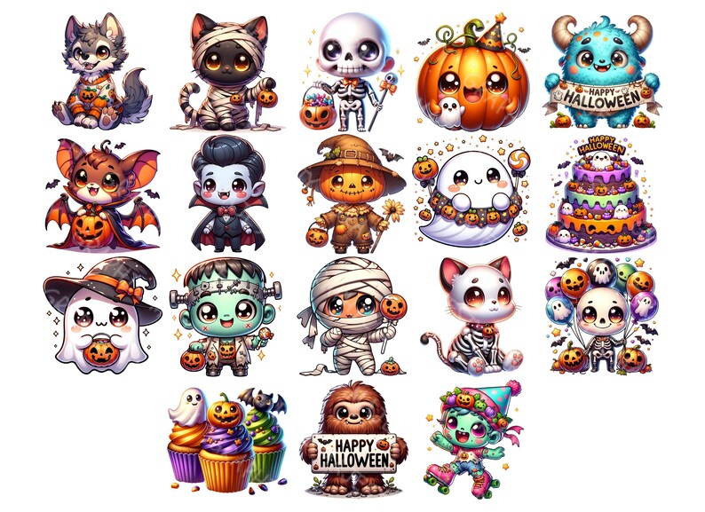 Kawaii Halloween Clipart, Spooky PNG Illustrations (digital Download ...