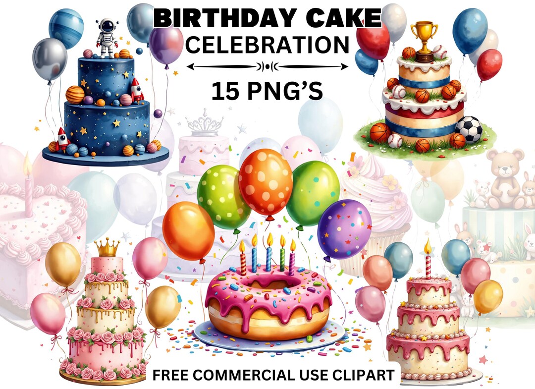 Watercolor Birthday Cake Clipart: Party PNG Images (digital Download ...