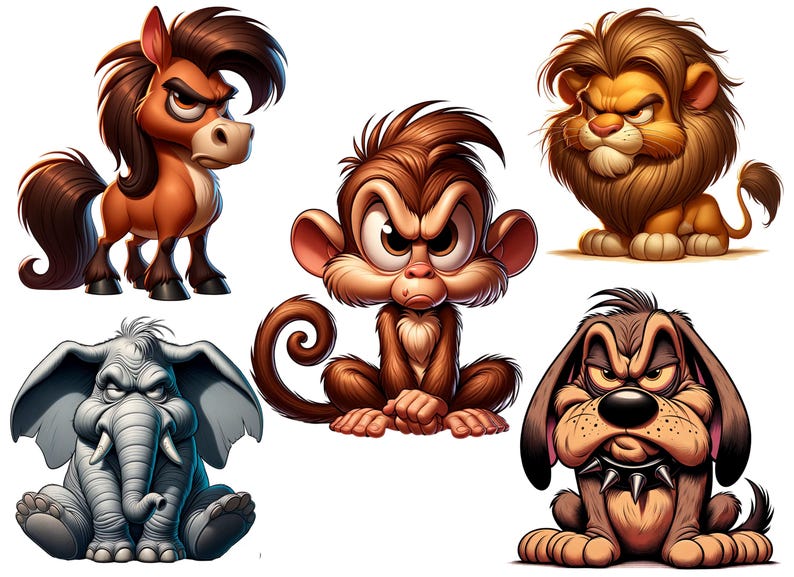 Funny Grumpy Animals Clipart Bundle: Cartoon Pet Prints (PNG) - Etsy