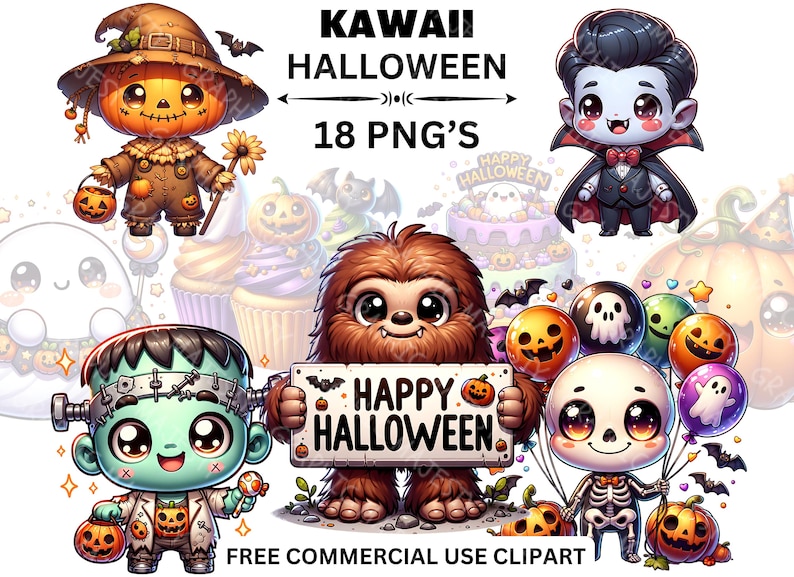 Cute Kawaii Halloween P4 Clipart, 18 Adorable Spooky PNG Illustrations ...