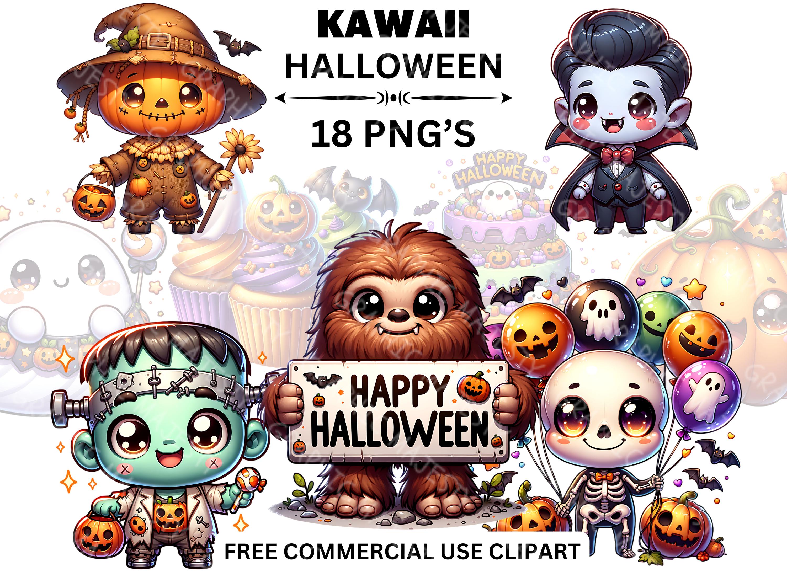 Cute Kawaii Halloween P4 Clipart, 18 Adorable Spooky PNG Illustrations ...