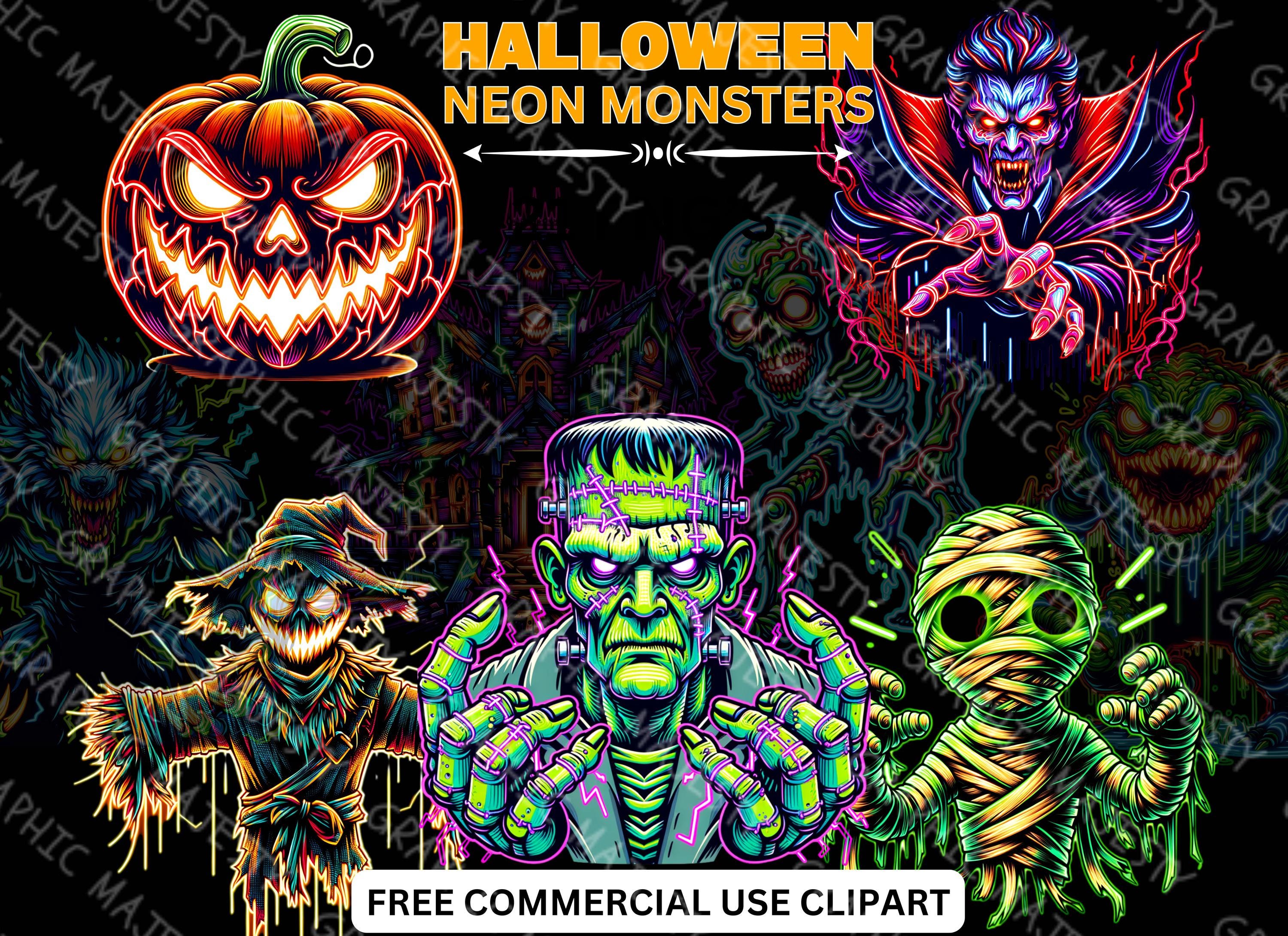 Halloween Monster Neon Clipart, Retro Halloween PNG Image Bundle ...