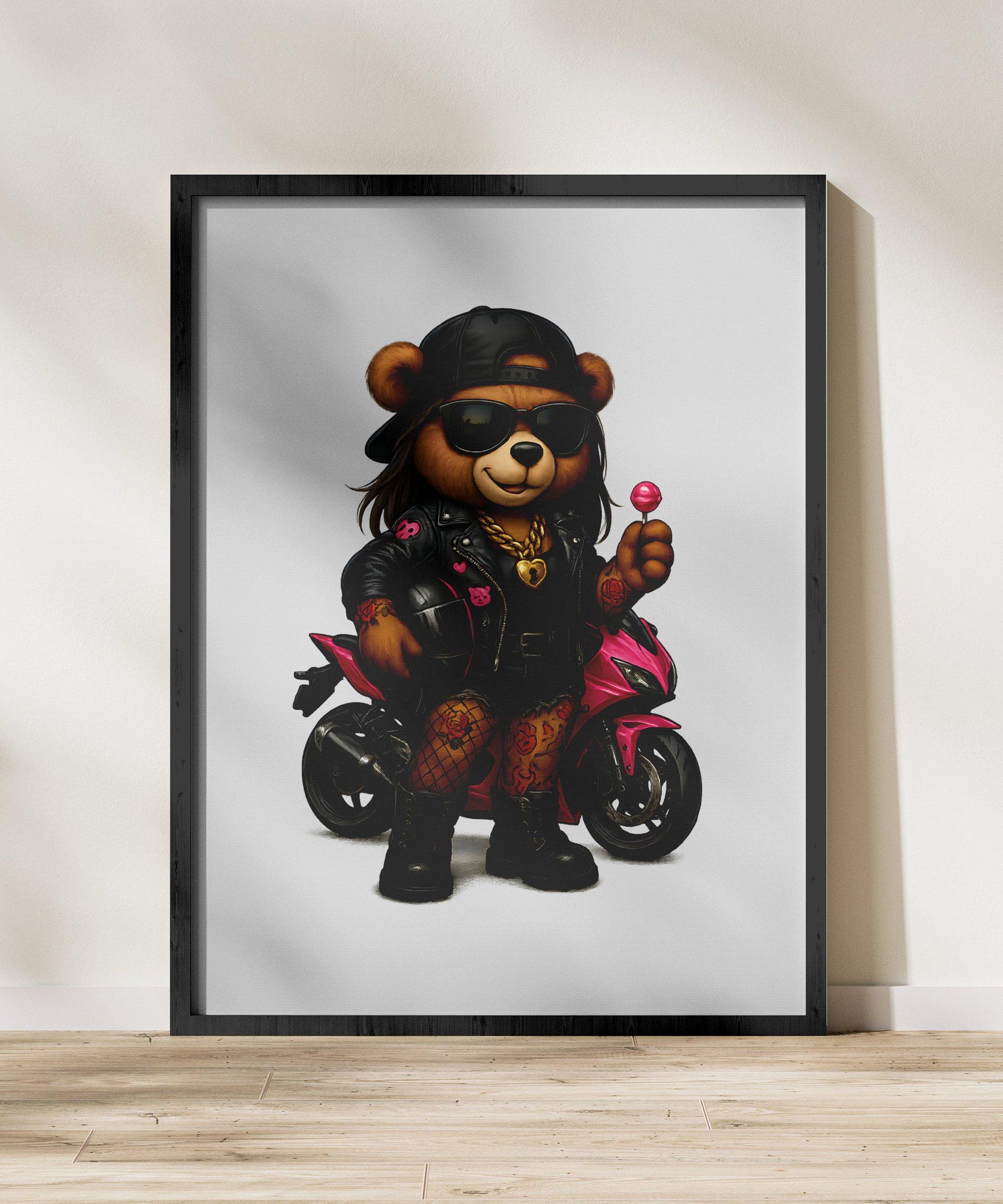 Biker Teddy Bear Digital Art PNG Graphic, Motorcycle Illustration, Pink ...